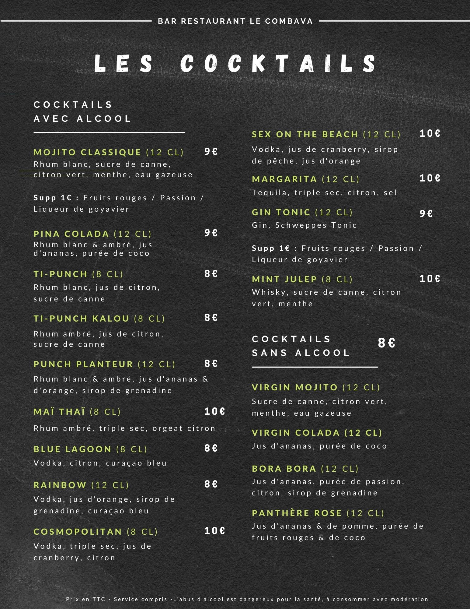 CARTE DES BOISSONS - HÔTEL LES AIGRETTES ** - Ile de la Réunion